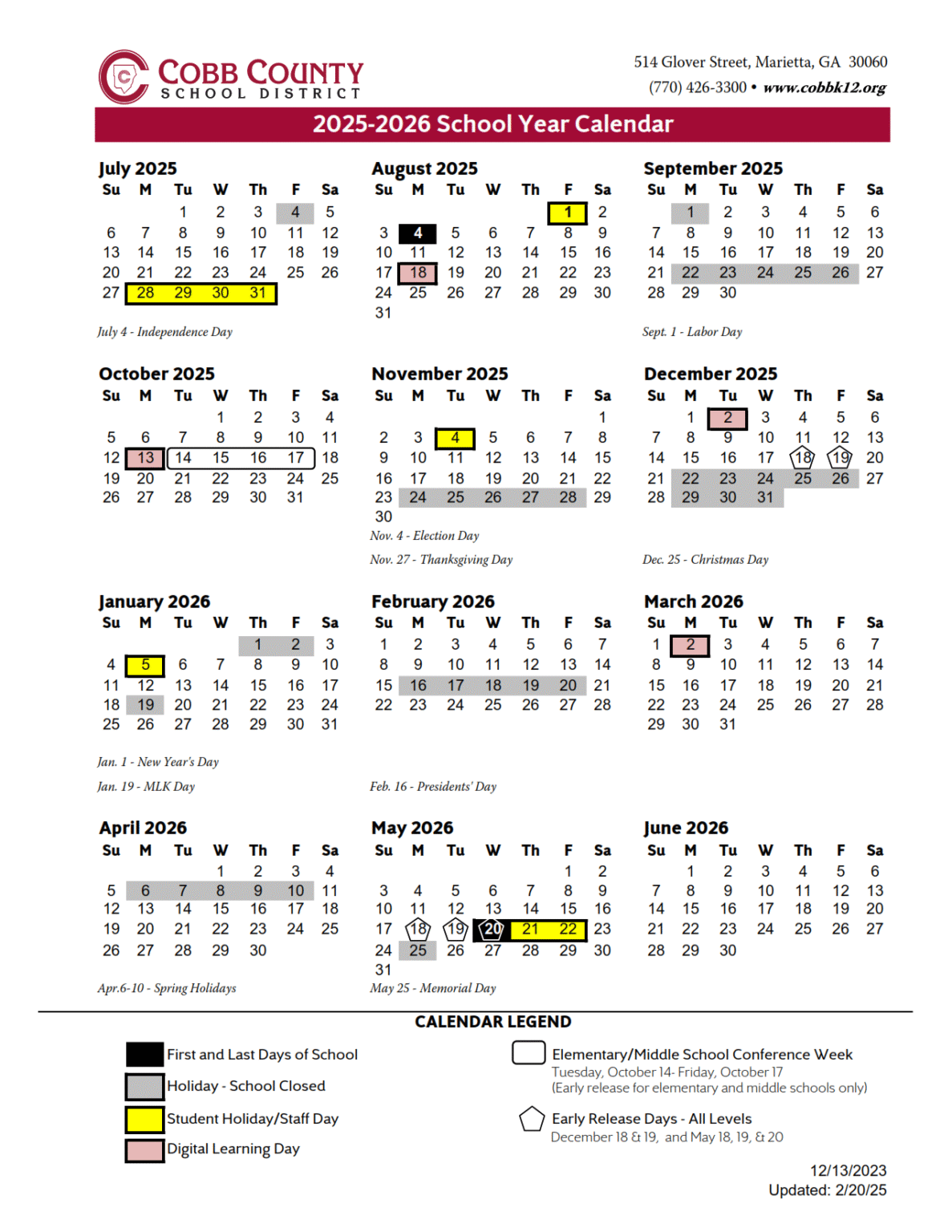 Cobb County Schools 2025-2026 Calendar (Approved)